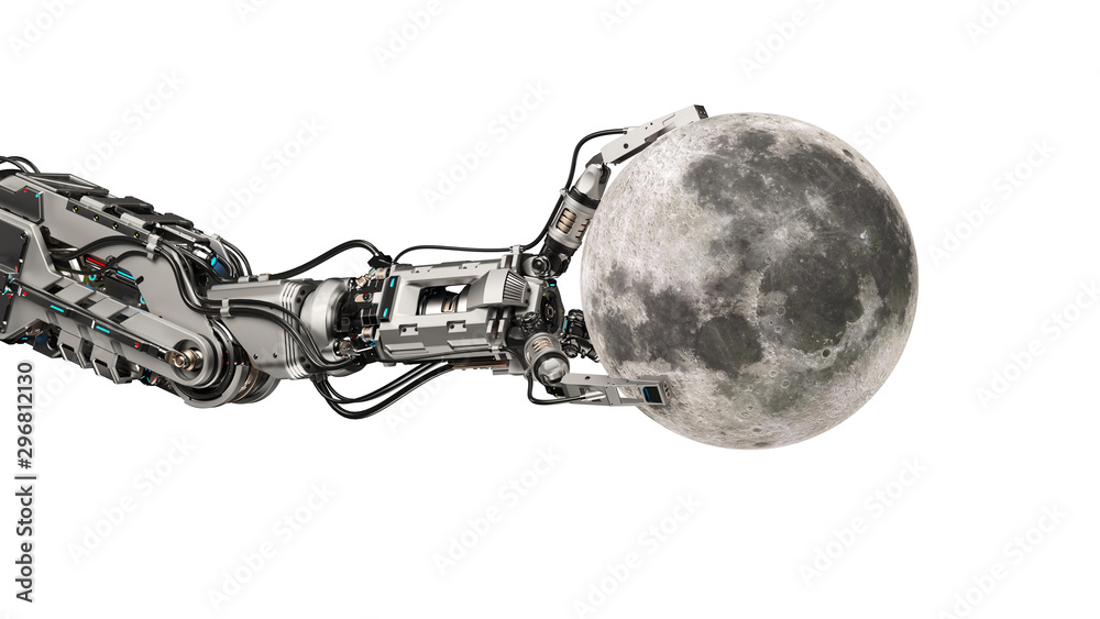 Detailed futuristic arm or cybernetic robot machine holding the moon ...