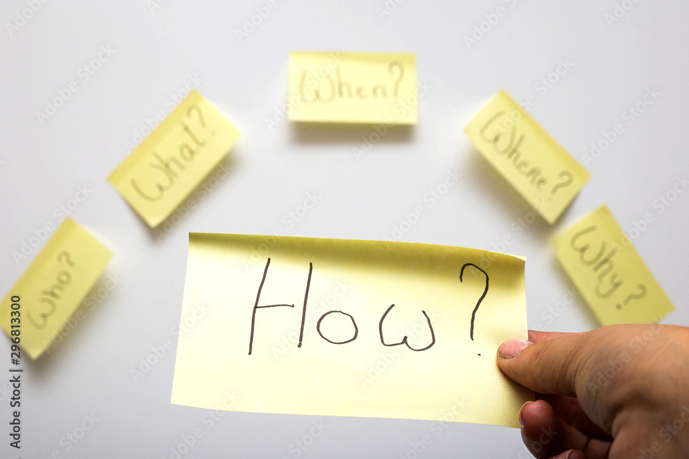 The 6 Ws who, what, when, where, why, how question on six sticky notes ...