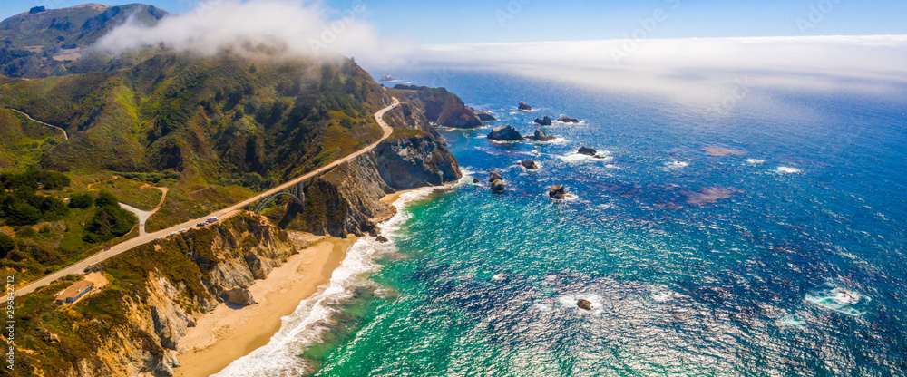 Magical aerial view of the route 101 by the Californian Pacific Coast ...