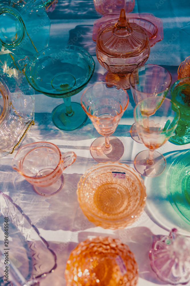 Variety of colorful vintage glass cups and plates Stock Photo | Adobe Stock
