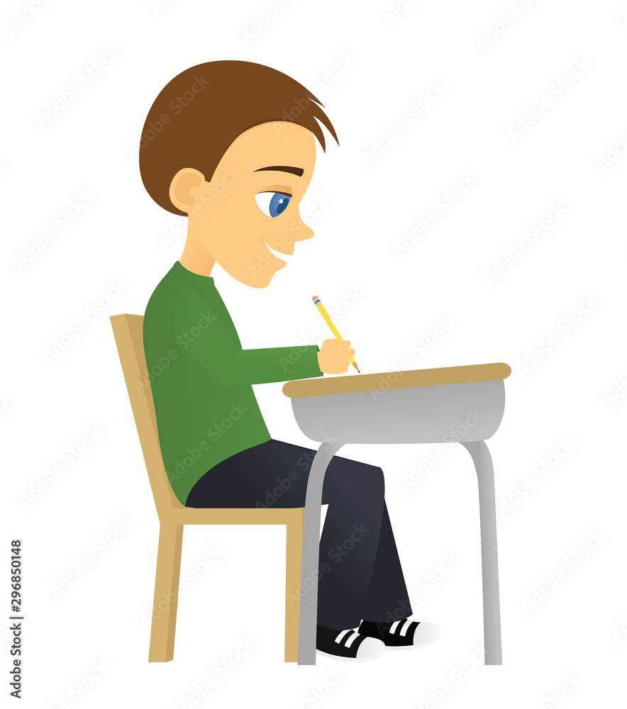 Vector illustration of a boy sitting and writing at a desk Stock Vector ...