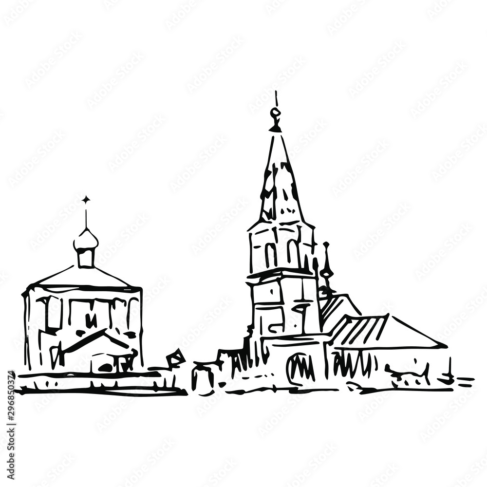 Isolated vector illustration. Russian orthodox temple in Suzdal. Hand ...