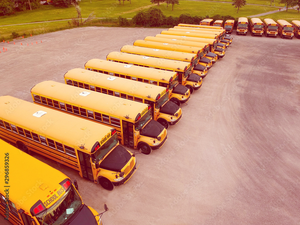 The parking lot full of yellow school buses waiting for educational ...