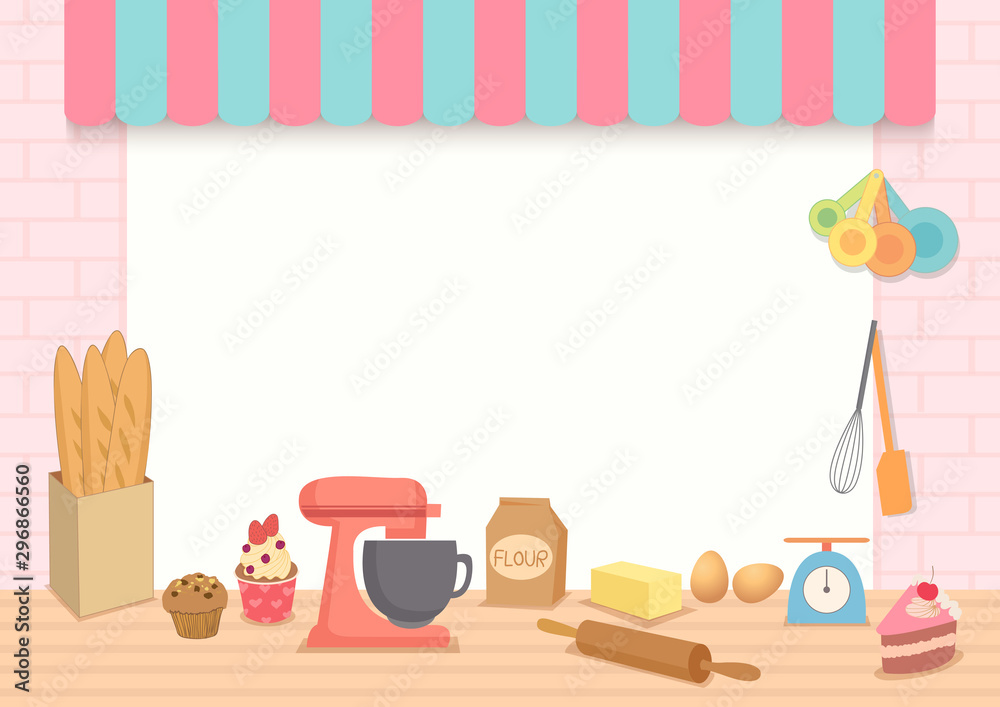 Bakery template with baking Equipment on kitchen background. Stock ...