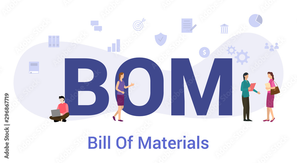 bom bill of materials concept with big word or text and team people ...