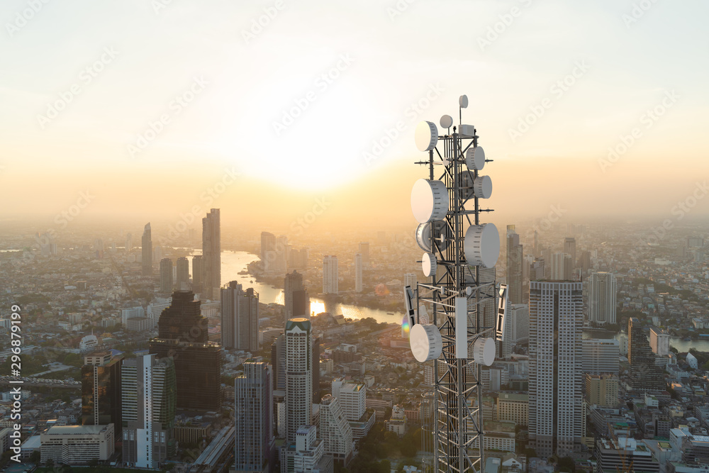 Telecommunication tower with 5G cellular network antenna on city ...