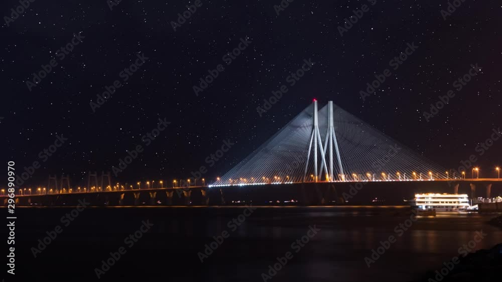 Zooming Out Footage of the Iconic Bandra Worli Sea Link (BWSL) at Night ...