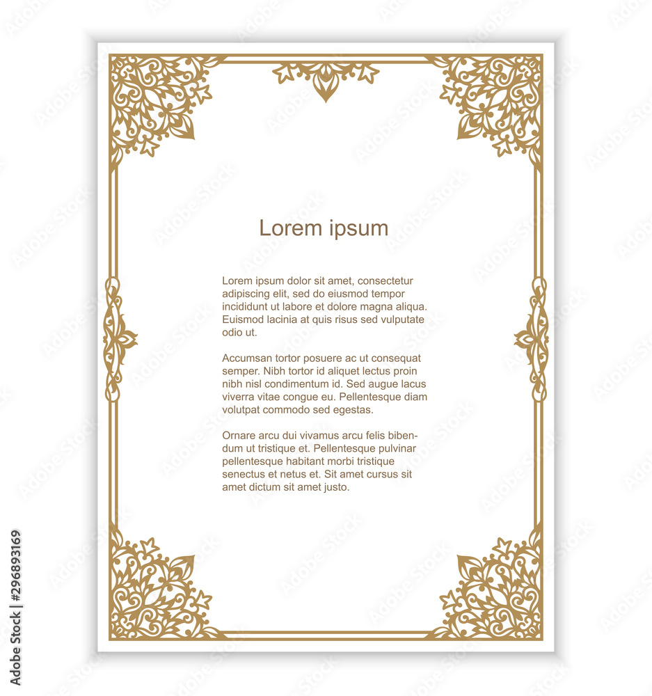 Elegant gold frame with lace decoration. Wedding invitation, save the ...