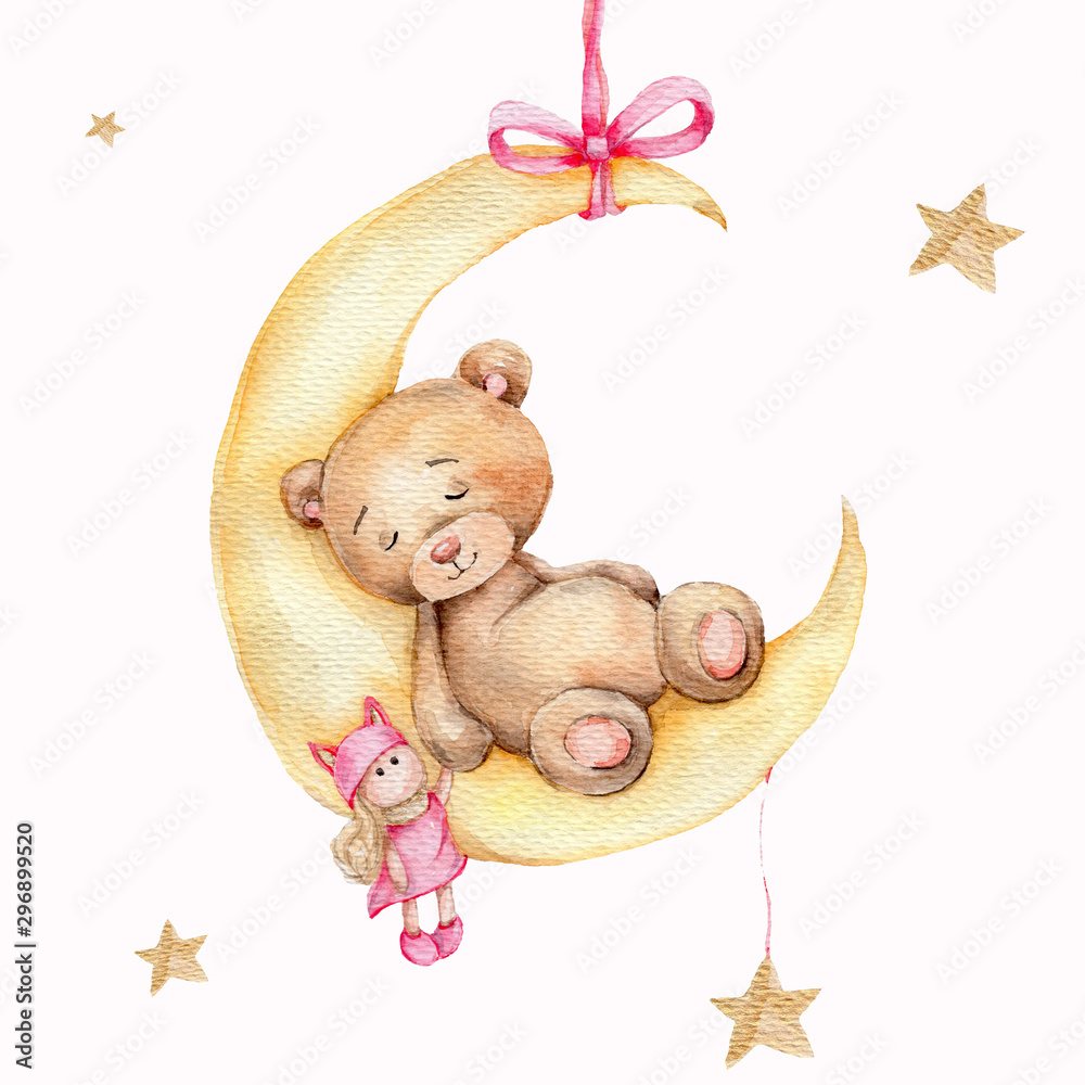 Cute slepping teddy bear on the moon and golden stars; watercolor hand ...