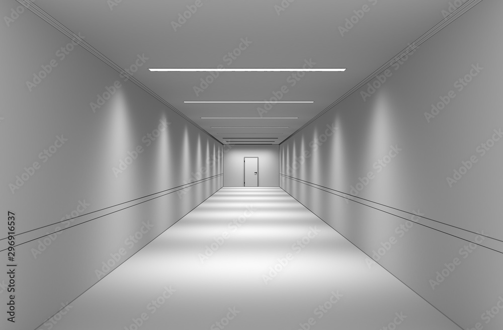 long corridor with doors, interior visualization, 3D illustration Stock ...