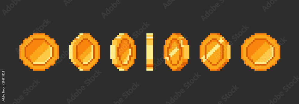 Pixel gold coin animation for 16 bit retro game. Vector golden ...