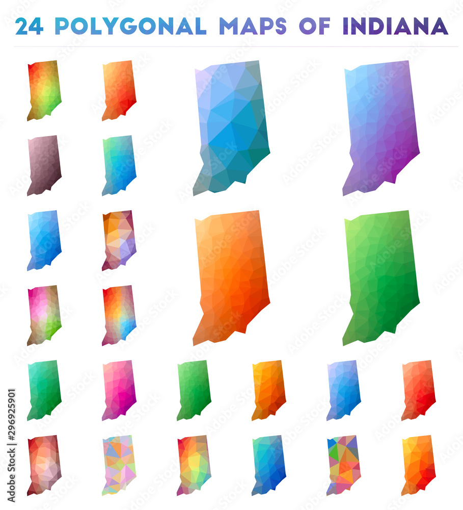 Set of vector polygonal maps of Indiana. Bright gradient map of us ...