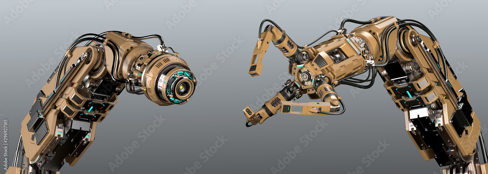 Two different robotic arms standing near each other. Yellow mechanical ...