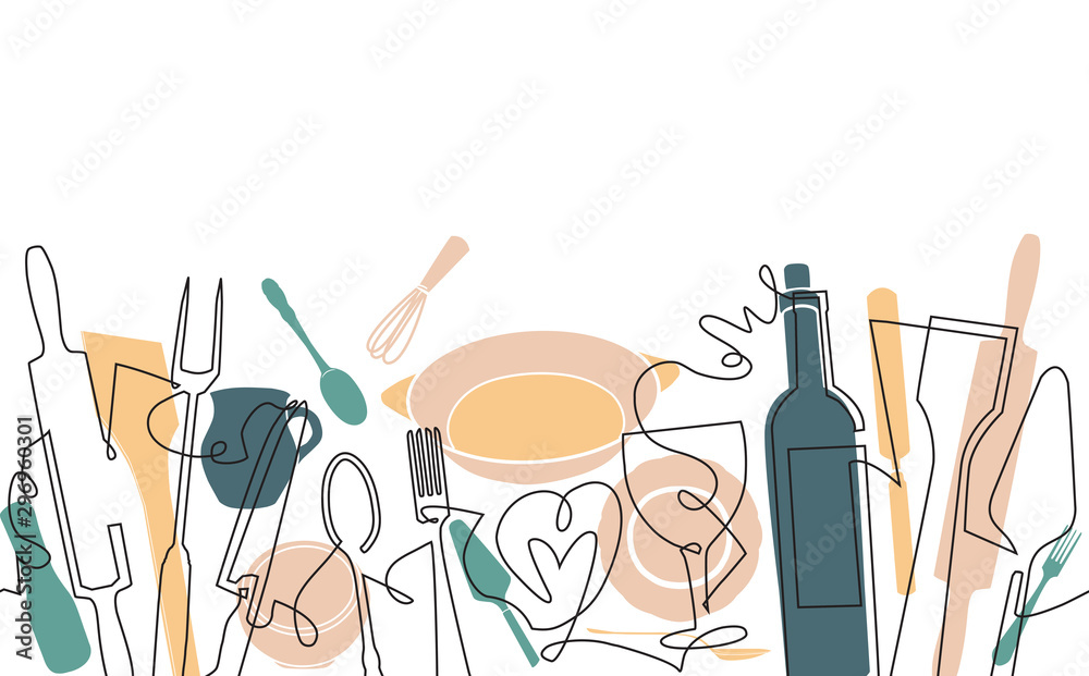 Background with Utensils and Food. Cooking Horizontal Pattern. Vector ...