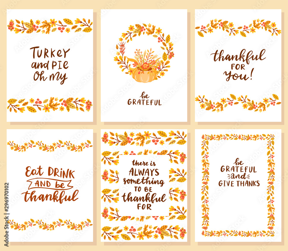 Set of thanksgiving card templates. Hand drawn lettering illustration ...