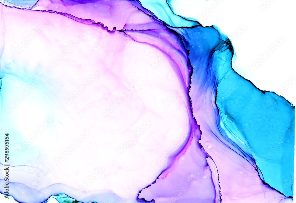 Abstract illustration in alcohol ink technique. Blue, cyan and violet ...