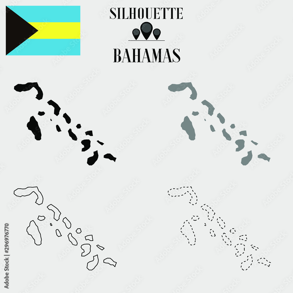 Bahamas outline world map, solid, dash line contour silhouette ...