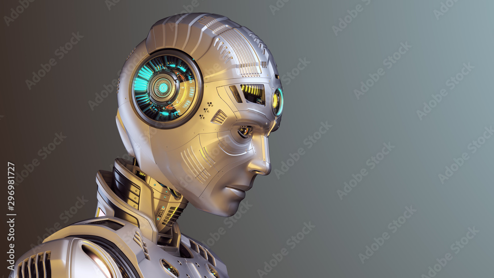 Futuristic robot man or very detailed android cyborg looking downwards ...