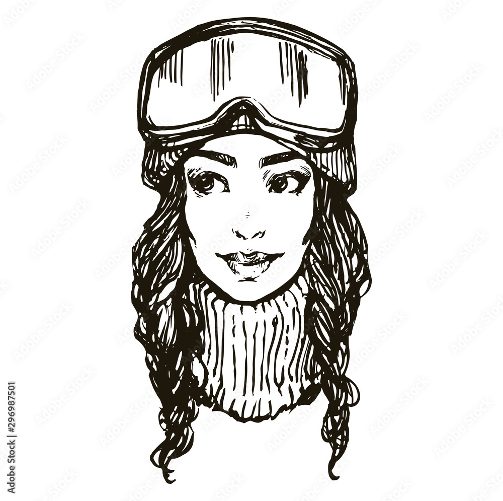 Pretty girl smiling, with long hairs, in ski goggles. Hand drawn line ...