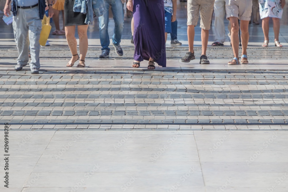 Pedestrian crossing city downtown crowd walk in motion on road. Many ...