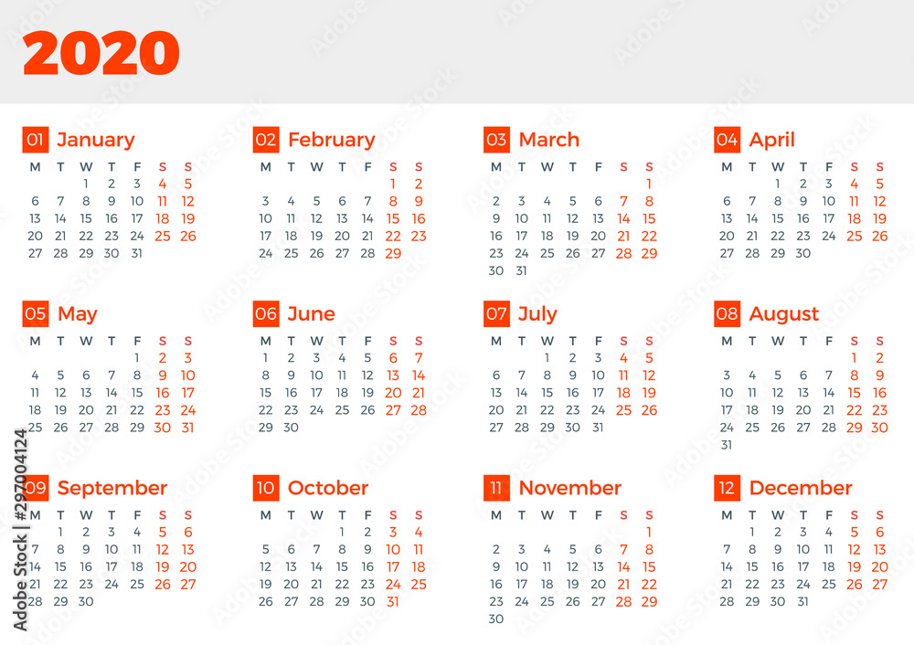 Simple calendar template for 2020 year. Week starts on Monday. Vector ...