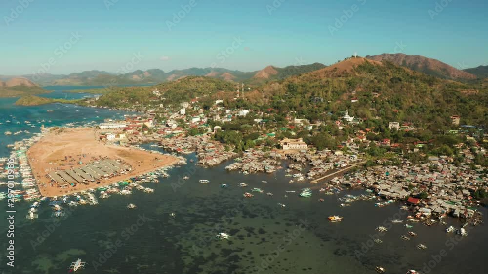 aerial view City Quay with boat dock and public market Coron town ...