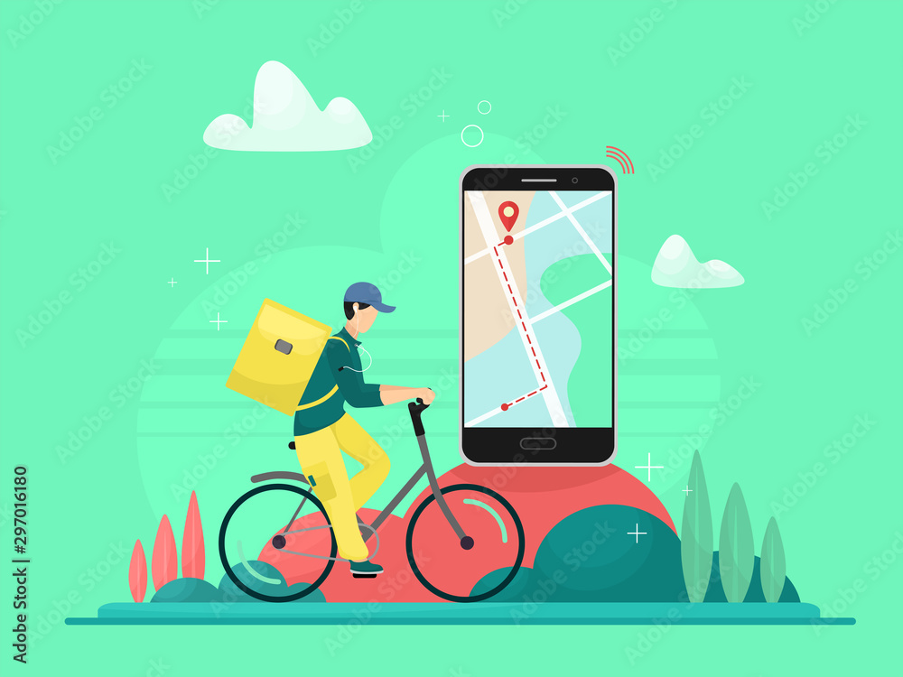 Express delivery service vector illustration. Young man with package on ...