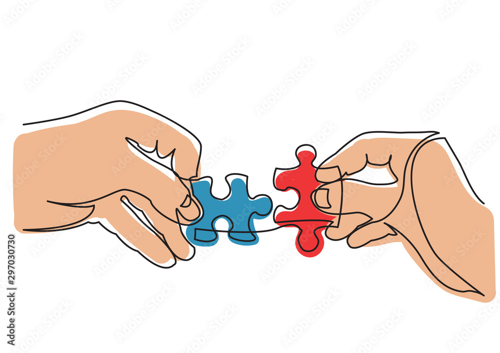 continuous line drawing of hands solving jigsaw puzzle Stock Vector ...