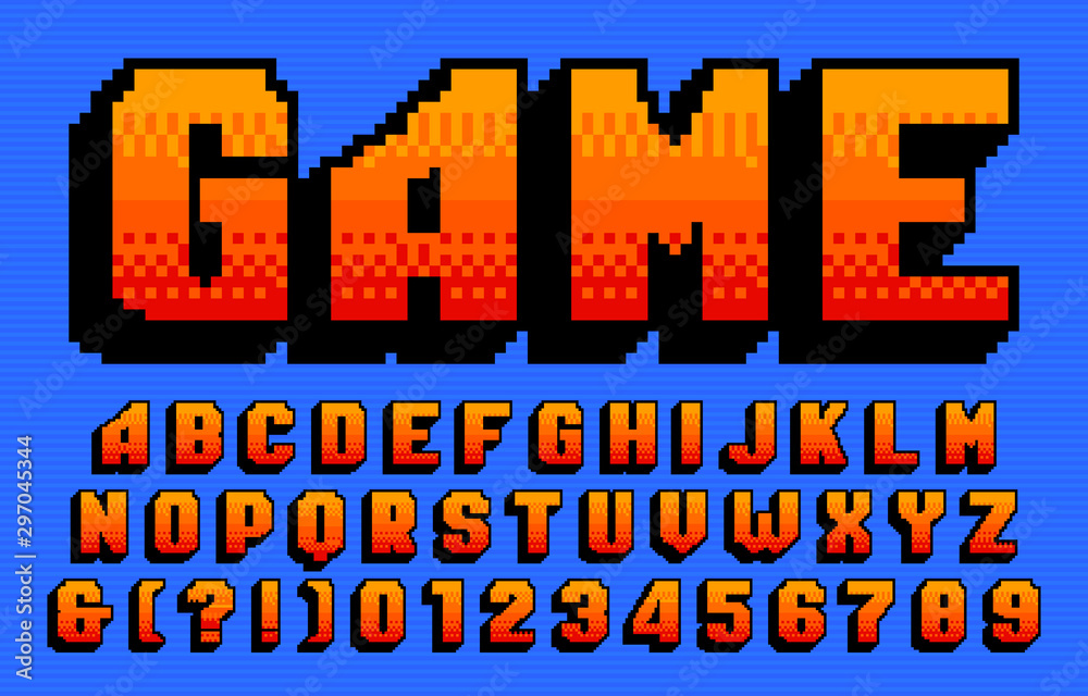 Game alphabet font. 3D pixel letters and numbers. 80s arcade video game ...