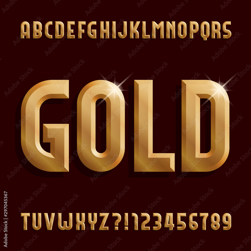 Gold alphabet font. Beveled golden letters, numbers and symbols. Stock ...