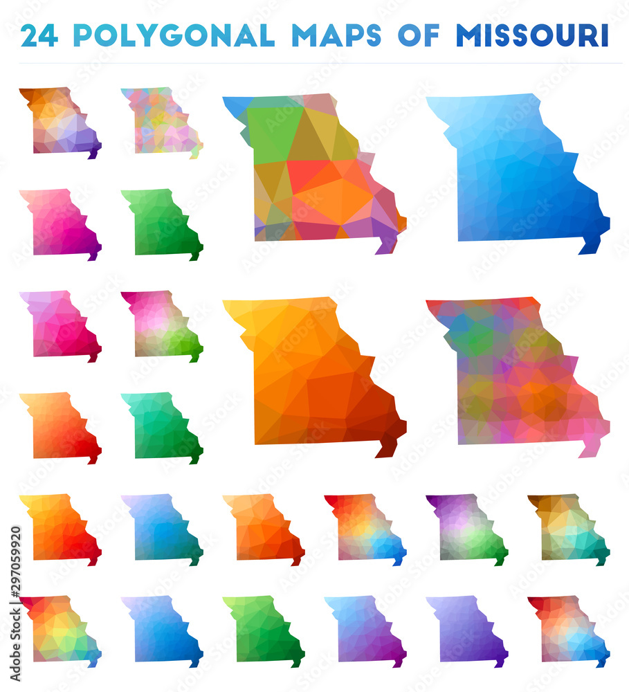 Set of vector polygonal maps of Missouri. Bright gradient map of us ...