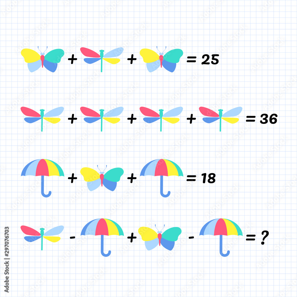 Mathematical Addition Subtraction Puzzle with butterfly, dragonfly, and ...