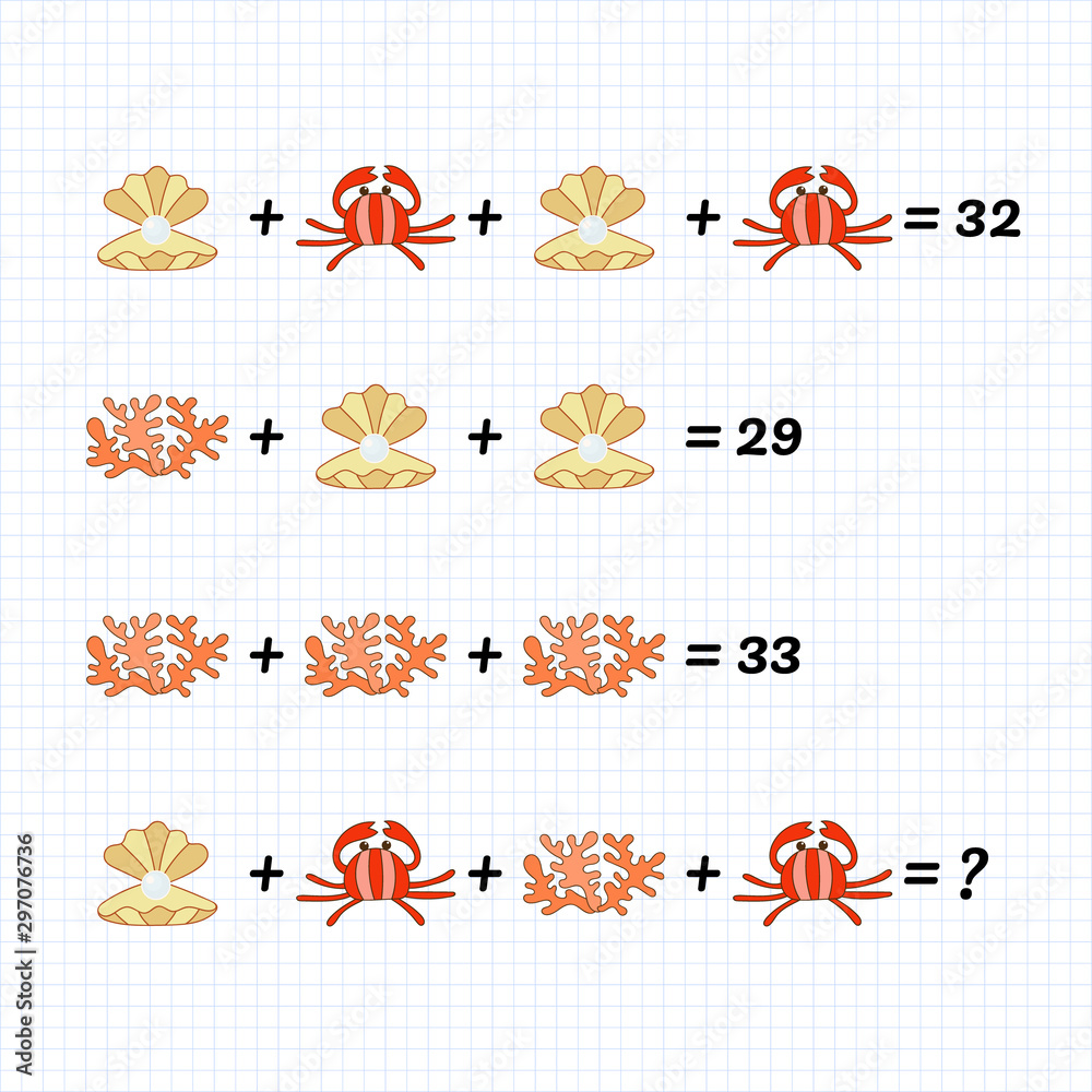 Mathematical Addition Puzzle with sea world characters. System of ...