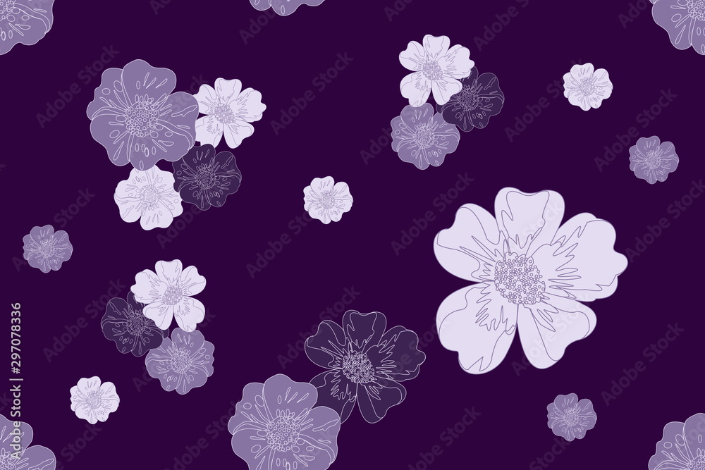 Flower blossom seamless pattern in purple shading color on deep purple ...