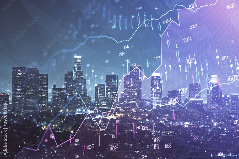 Forex chart on cityscape with tall buildings background multi exposure ...
