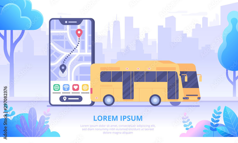 City bus and map app flat banner vector template Stock Vector | Adobe Stock