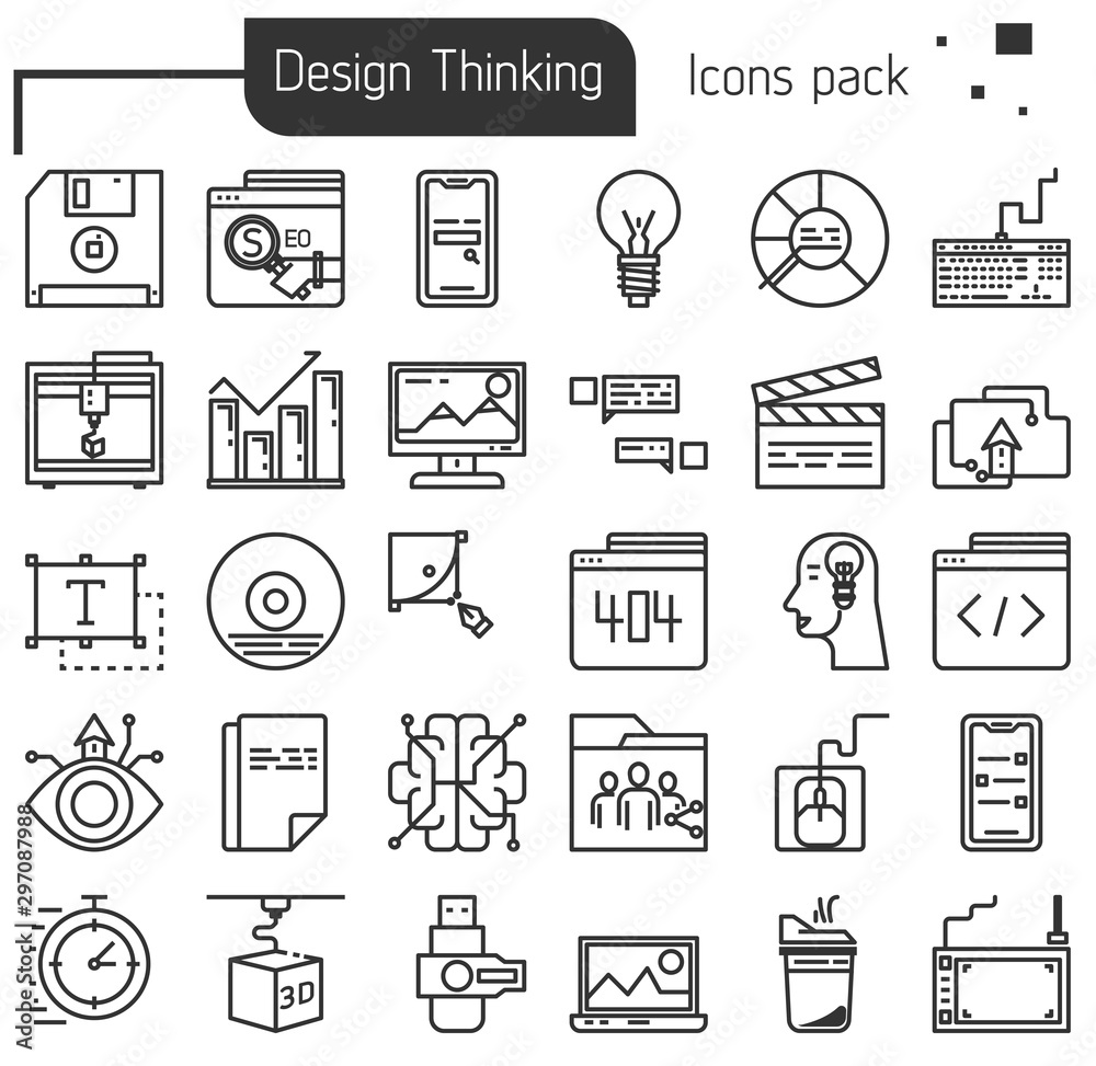 Design Thinking icon set, seo and idea Creative thinking web, 3d print ...