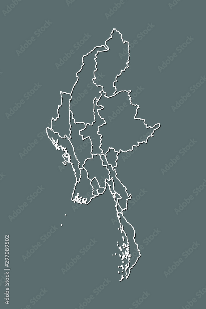 Myanmar vector map with border lines of provinces using gray color on ...