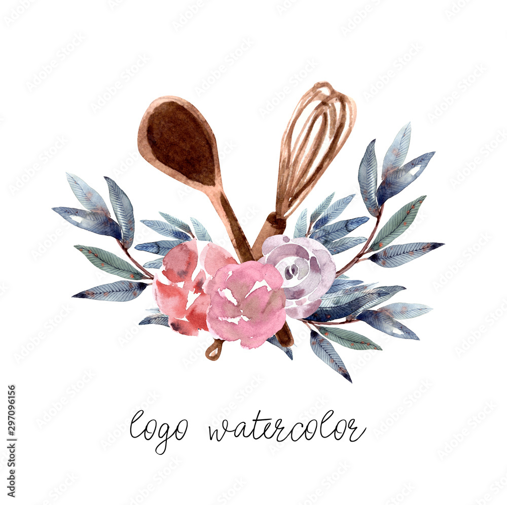 Logo for cake shop and bakery, kitchen with floral elements leaves and ...