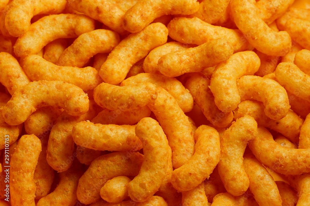 peanut flip background, detailed close-up of peanut Puffs. Full frame ...