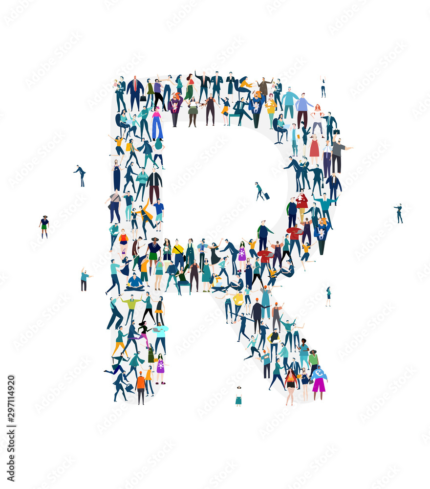 Alphabet, typeface, letter R. Large group of business people, workers ...