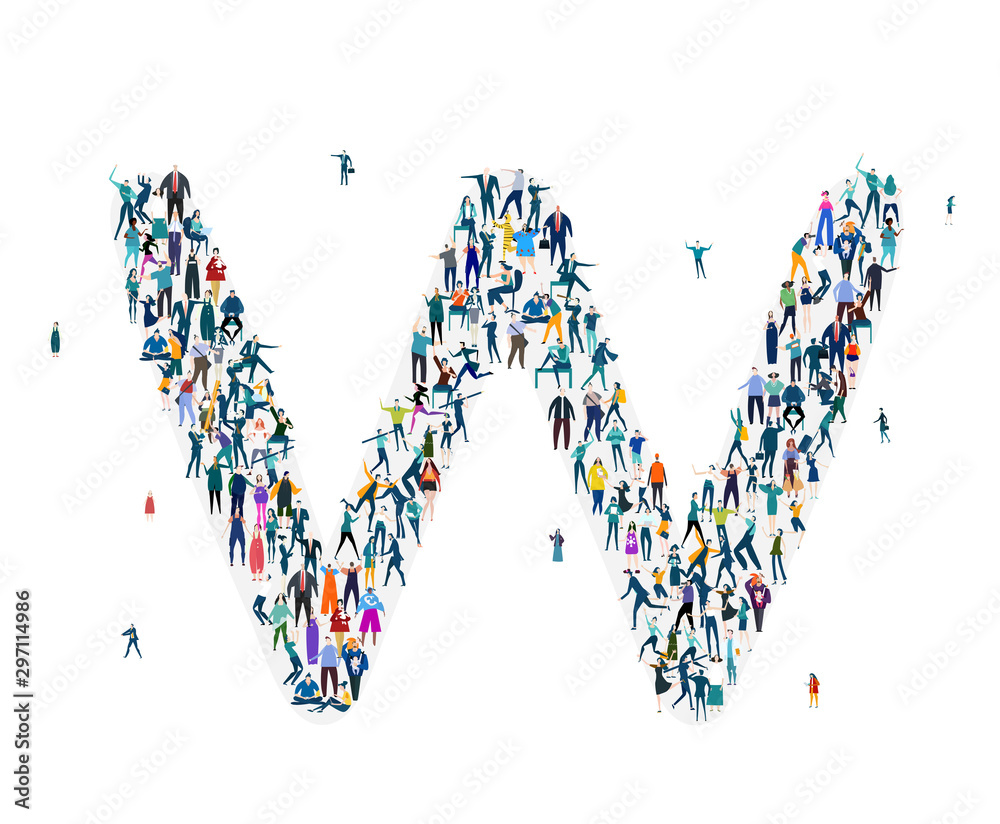 Alphabet, typeface, letter W. Large group of business people, workers ...