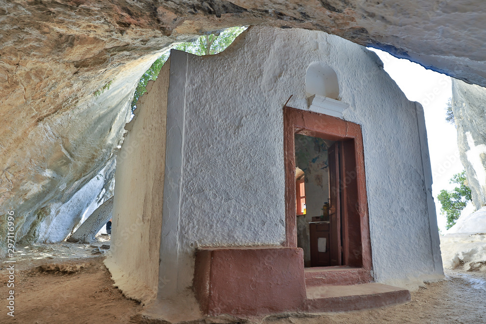 Cave of Pythagoras in the hills above Marathokambos on the Greek island ...