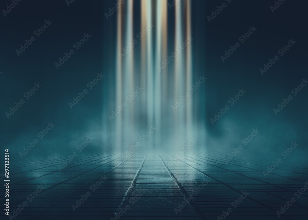 Empty background scene. Dark street reflection on wet asphalt. Rays of ...