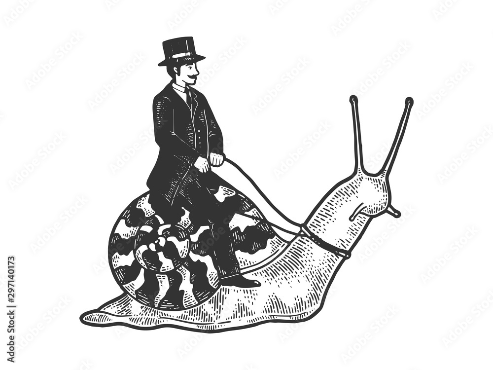 Photo & Art Print Old fashioned gentleman riding snail sketch engraving ...