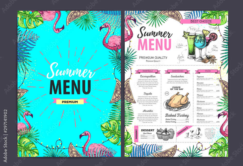 Restaurant summer menu design with tropic leaves and cocktails. Fast ...