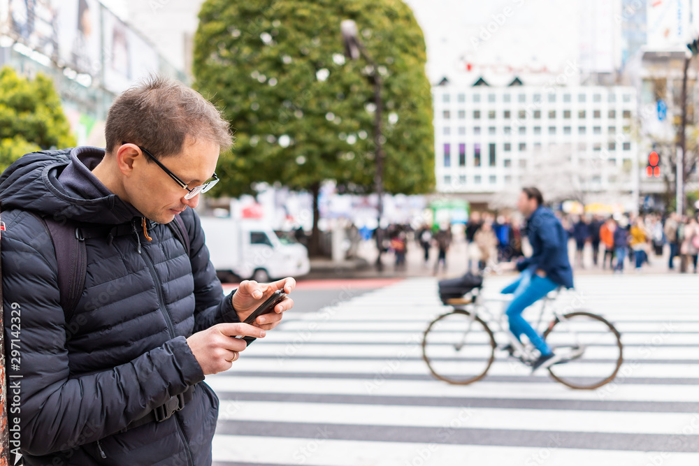 Tokyo, Japan famous Shibuya crossing and bicycle in background on ...