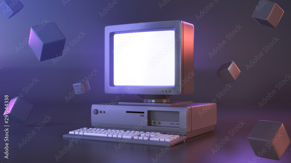 3d render image of computer retro with sci-fi background.using for game ...
