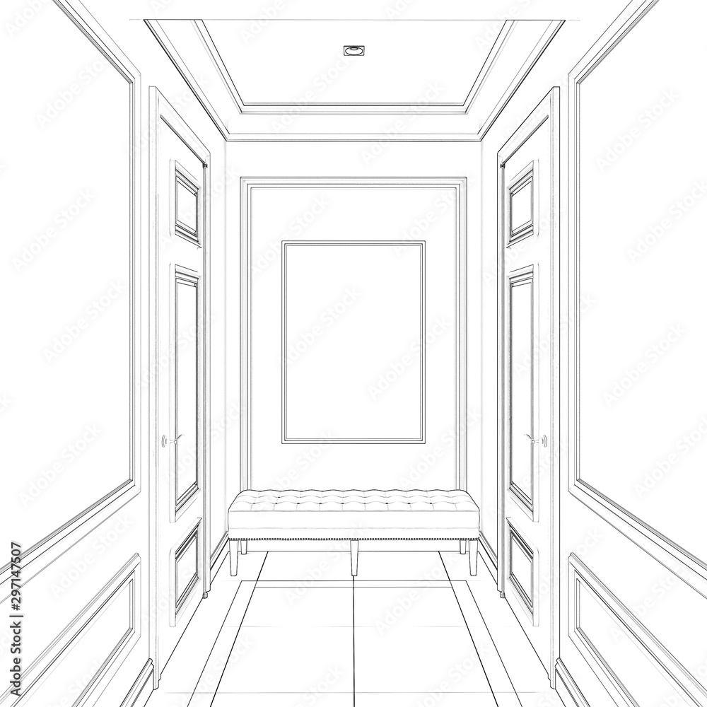 Sketch of classic hallway interior with mock up poster, bench, moldings ...