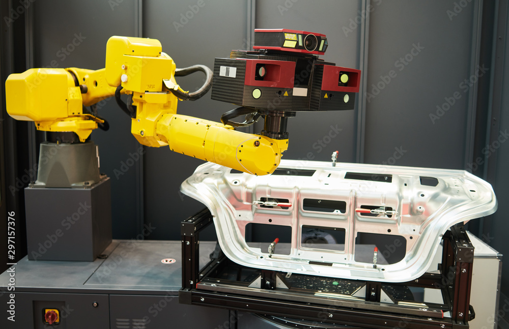 Robotic industry. Robot with 3D sensor scanner measures surface of ...